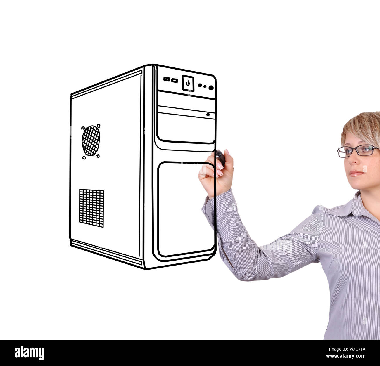 woman drawing computer system unit on a white background Stock Photo ...