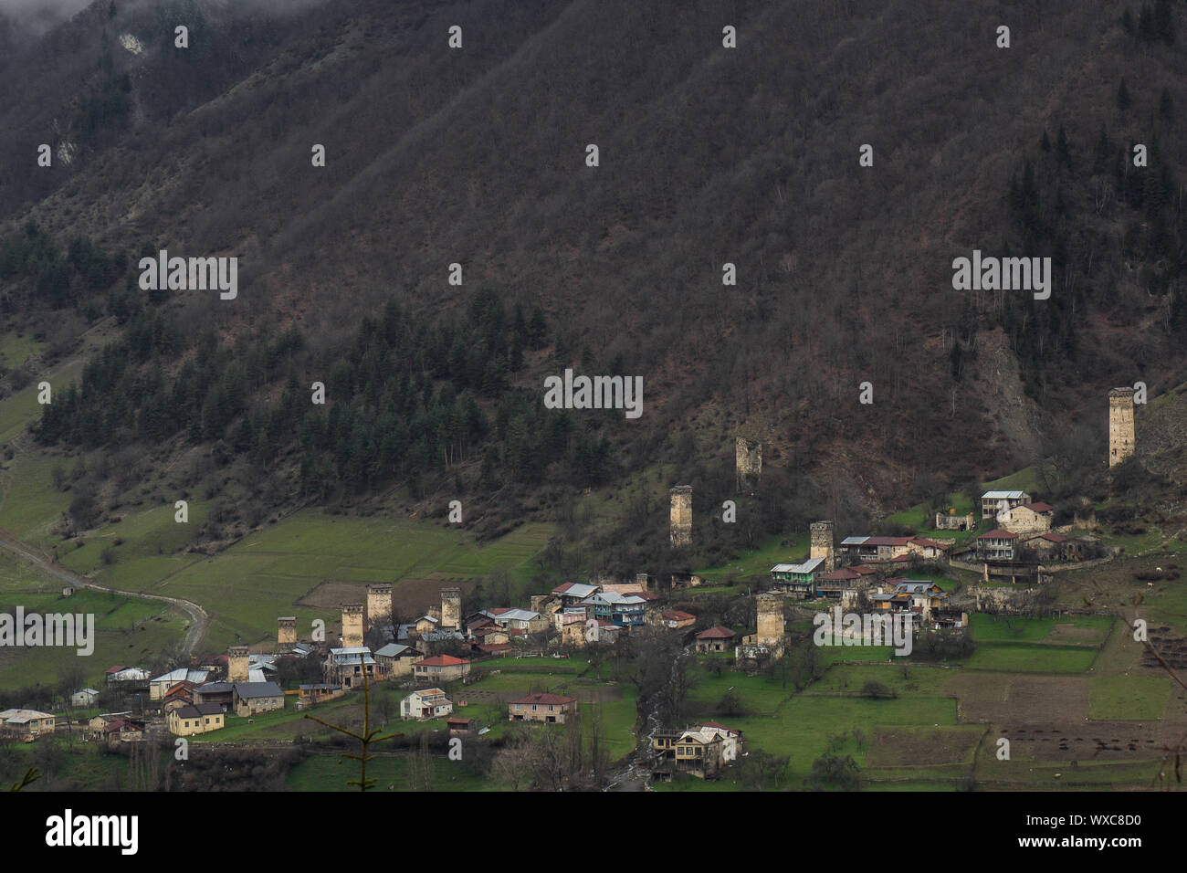 Mestia valley with traditional old georgian towers hi-res stock ...