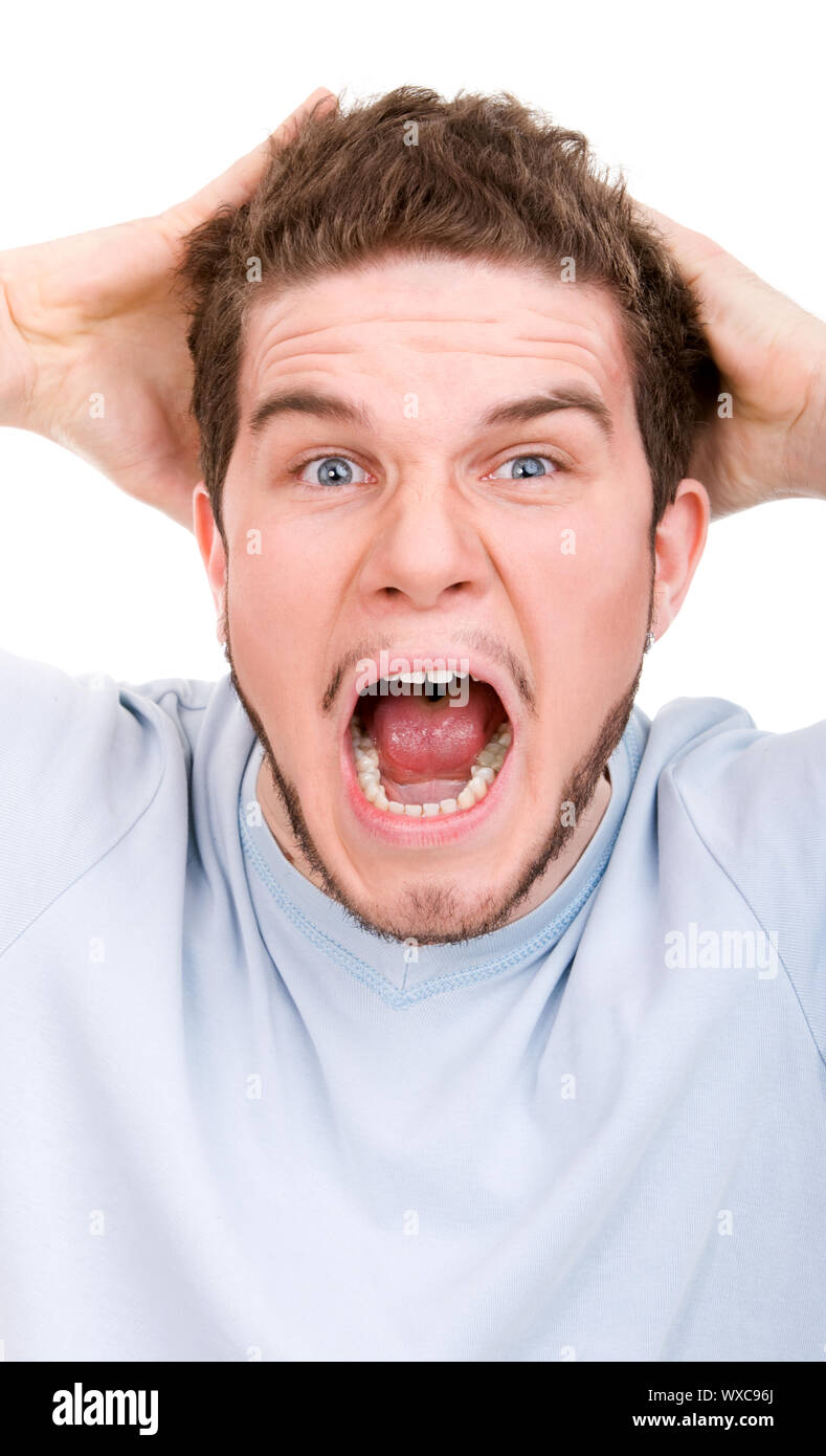 Man in a shock on isolated white background Stock Photo - Alamy