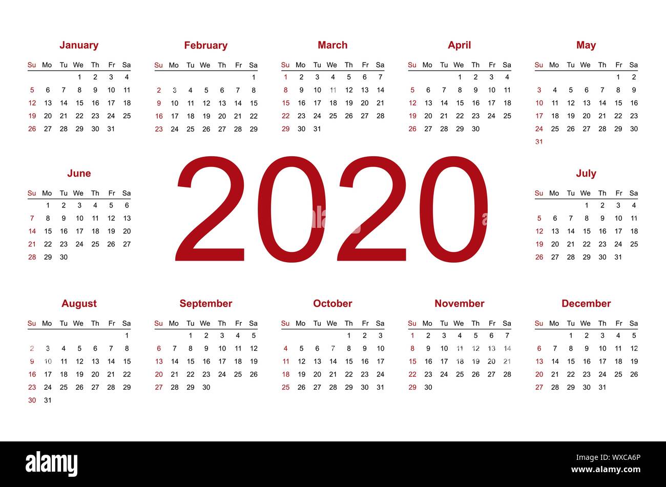 Calendar 2020 year vector design template. Week starts from Sunday ...