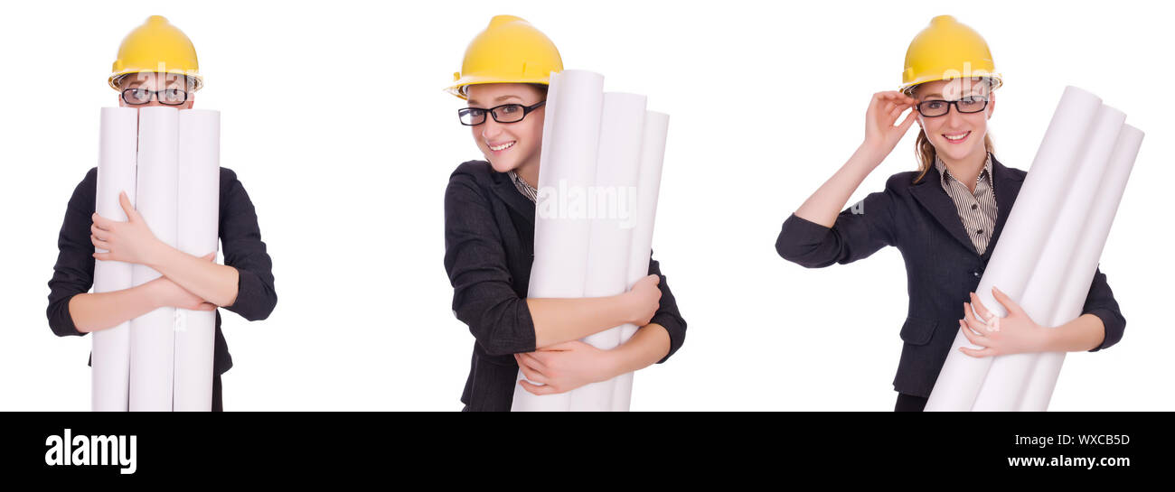 Female architect with blueprint isolated in white Stock Photo - Alamy