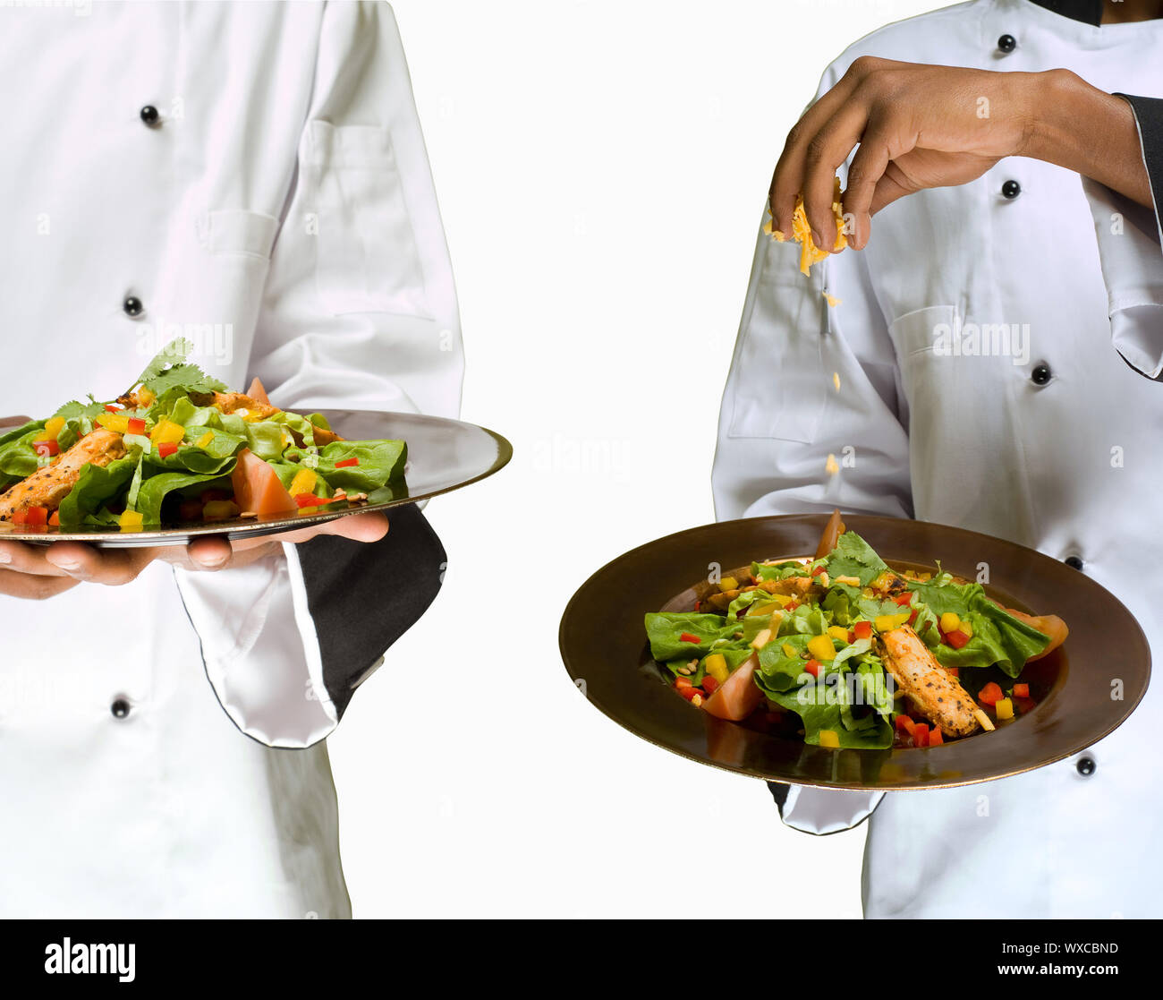 Collage combination of chef sprinking cheese on healthy salad isolated ...
