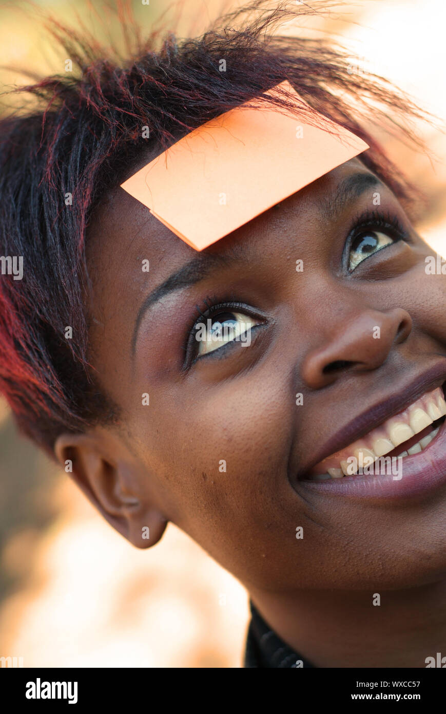 Smiling African American businesswoman with post it reminder note on ...