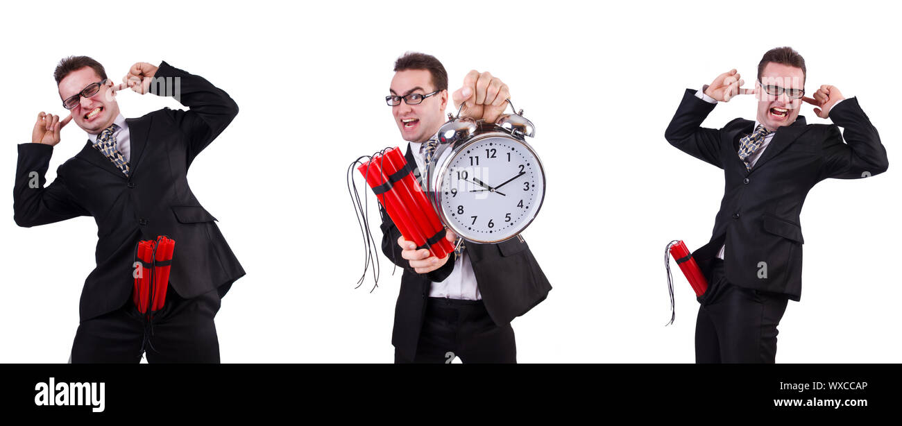 Man with time bomb isolated on white Stock Photo - Alamy