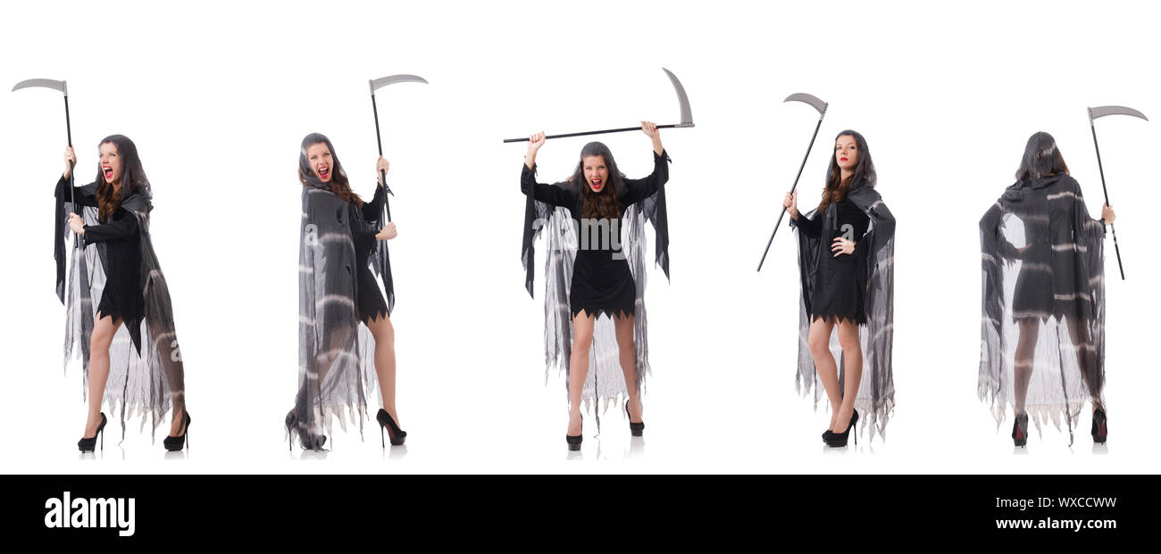 Woman with scythe isolated on white Stock Photo - Alamy