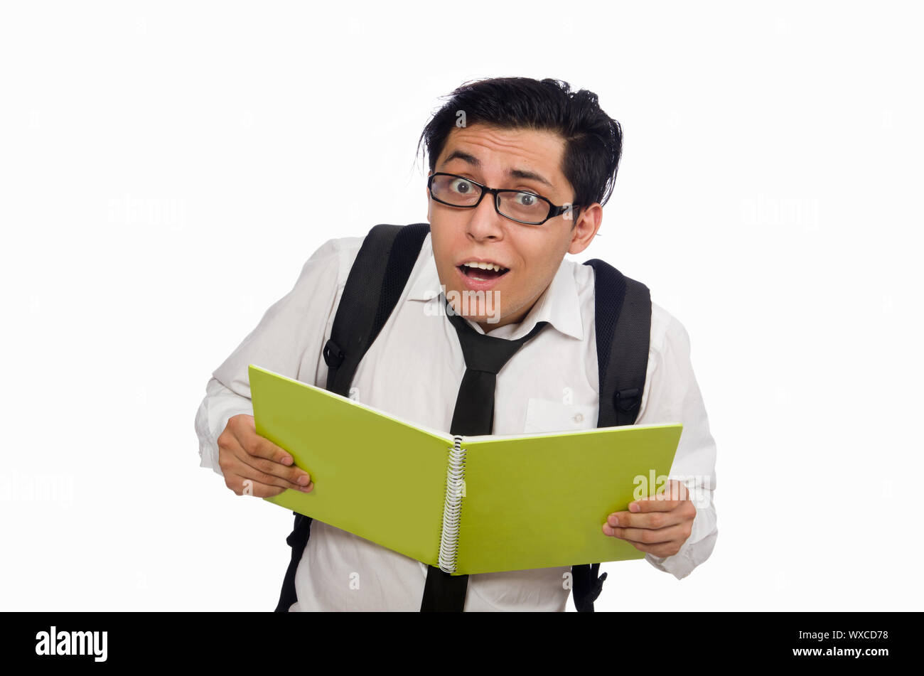 Male student holding notes isolated on white Stock Photo - Alamy