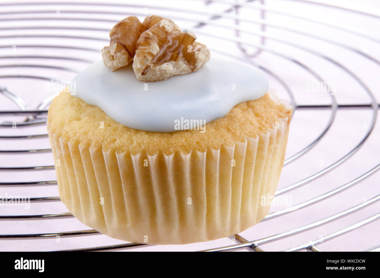 cupcake with white icing and walnut on a cooling rack Stock Photo - Alamy
