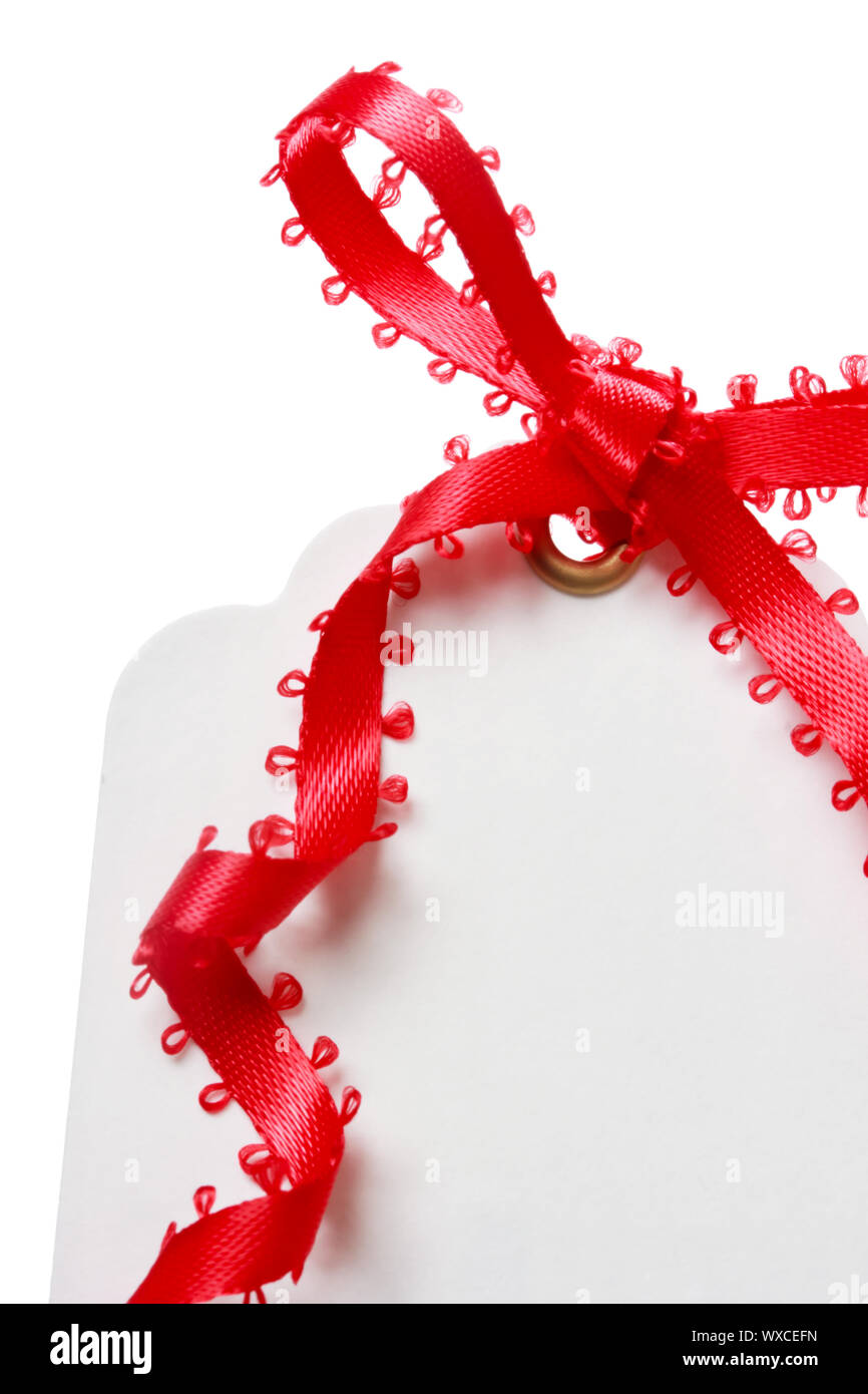 Price Tag with Red Ribbon on White Background Stock Photo - Alamy