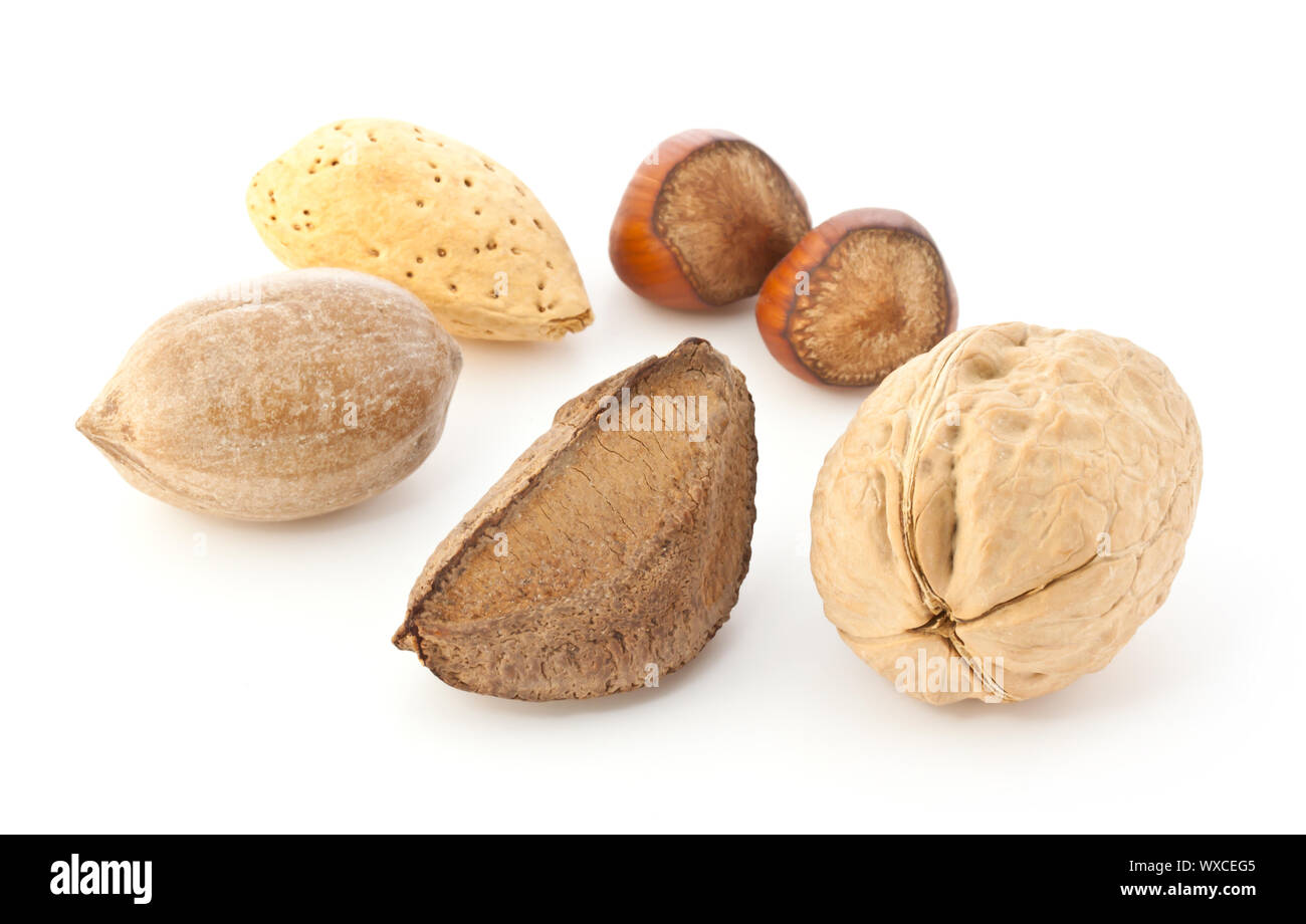 Mixed nuts in the shell isolated on white background Stock Photo - Alamy