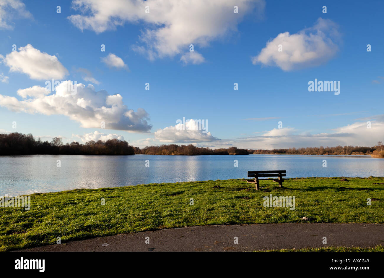lonely bench with view on lake and beautiful sky Stock Photo - Alamy