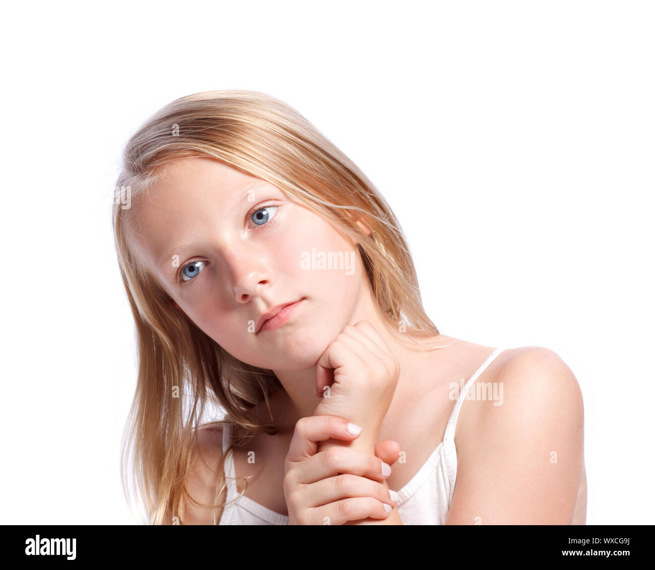 Young Blonde Girl Thinking or Looking - Isolated on White Stock Photo ...