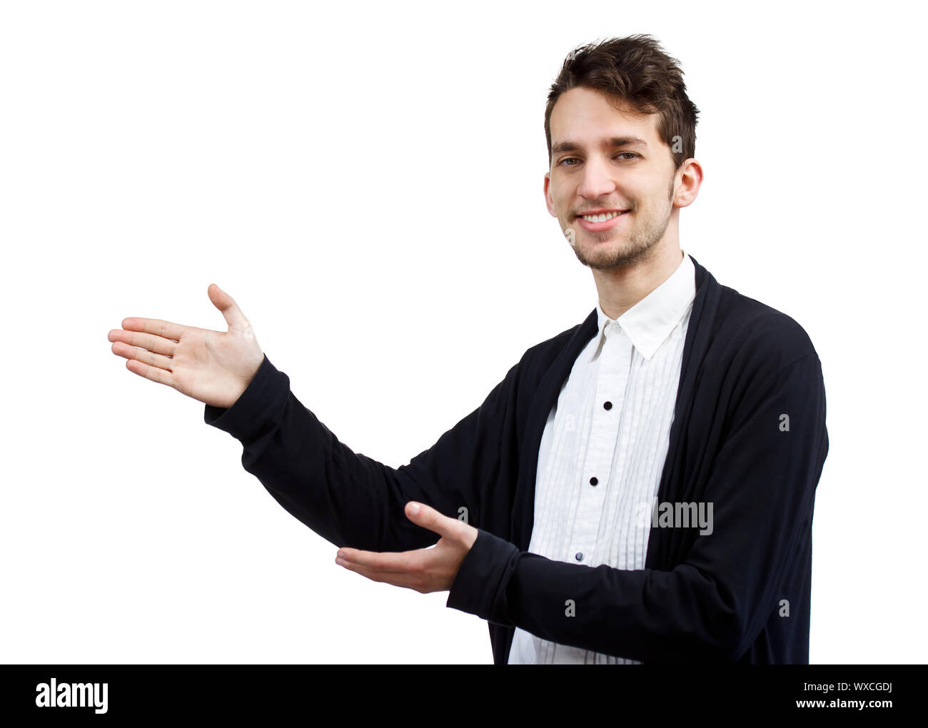 Successful Smiling Young Man Presenting over White Background Stock ...