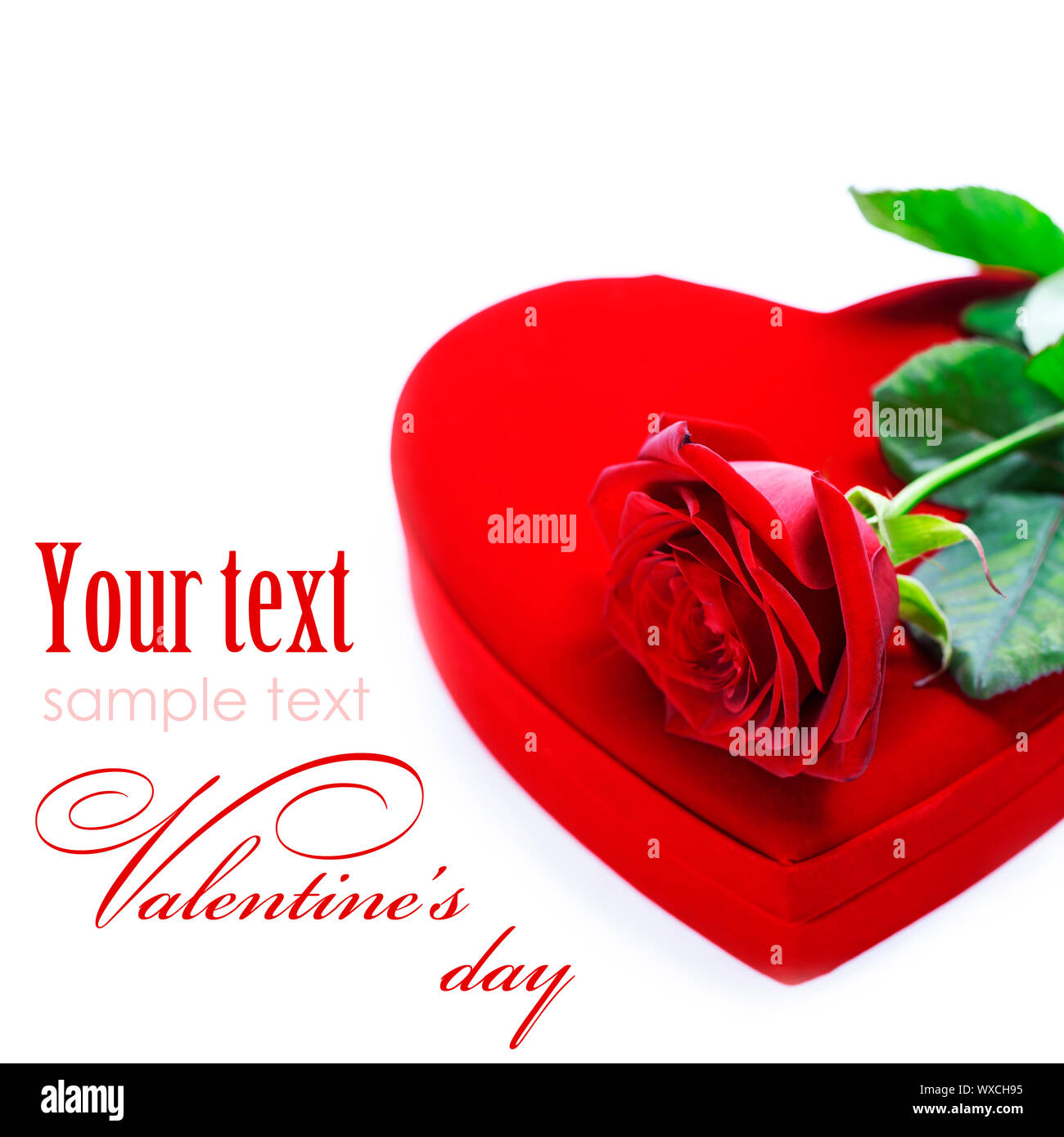 red box in heart shape and rose on white (with sample text Stock Photo ...