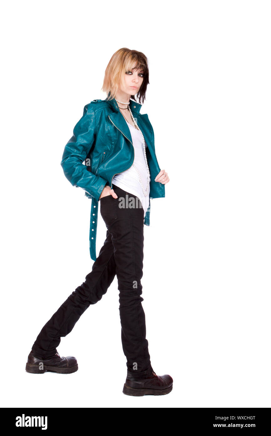 Punk girl wearing green leather jacket isolated on white Stock Photo ...