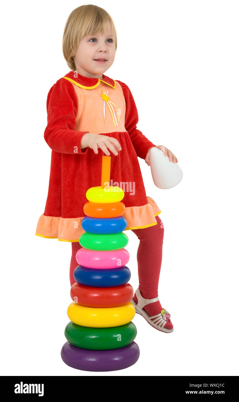 Little girl and toy pyramid on the white background Stock Photo - Alamy