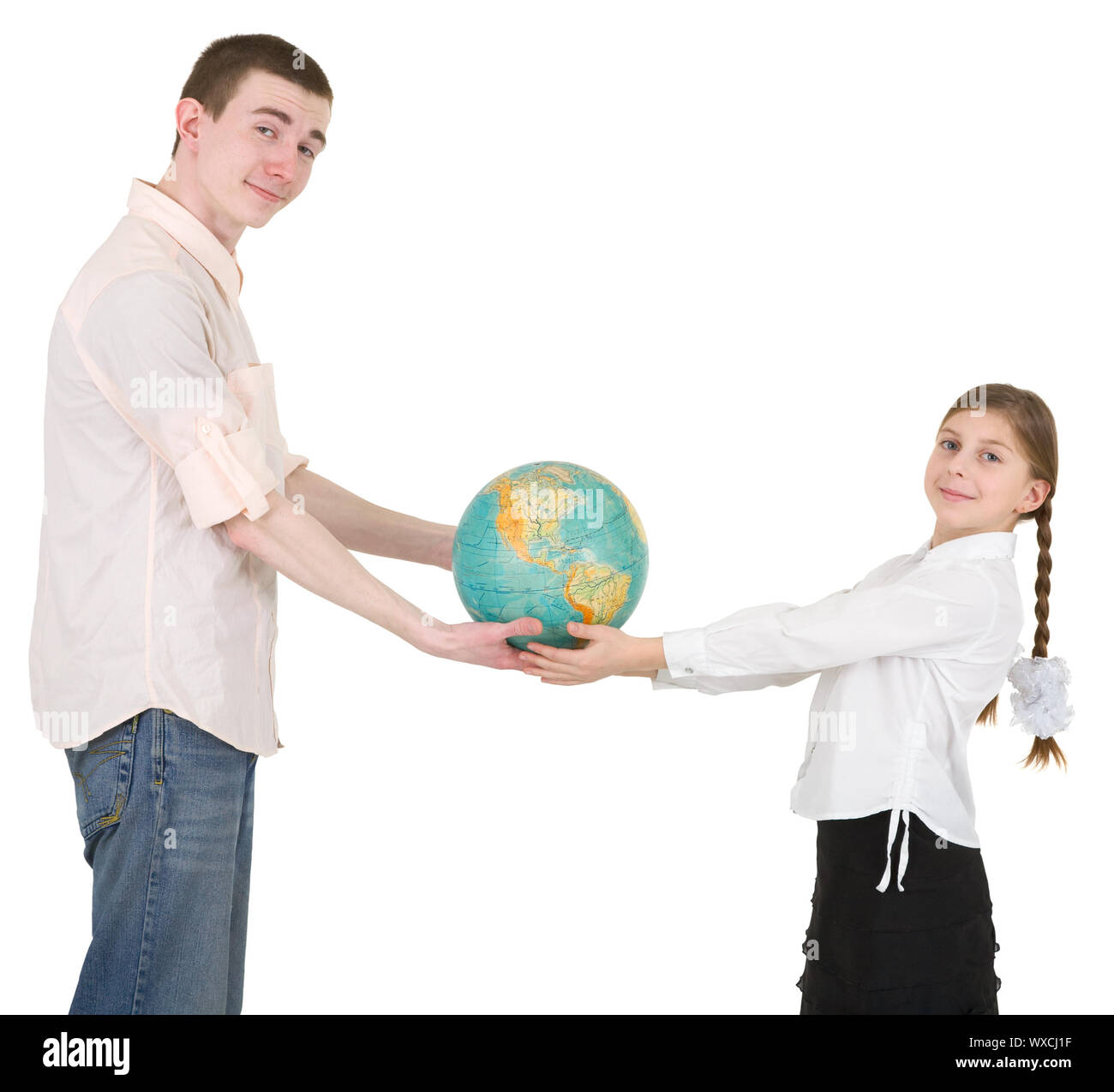 Girl and man hold on hands terrestrial globe Stock Photo - Alamy
