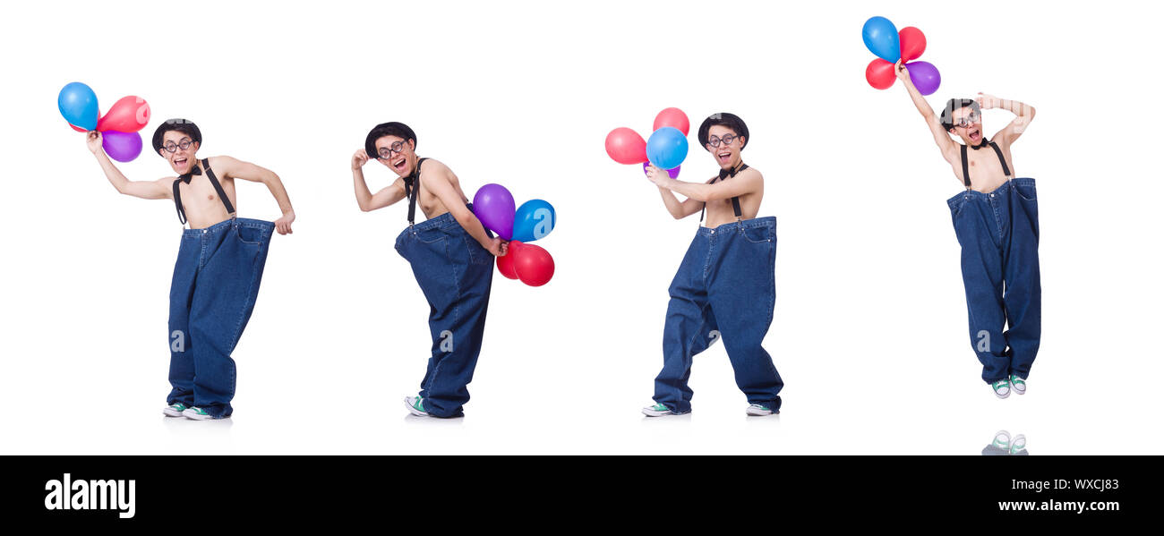 Funny man with balloons on white Stock Photo - Alamy