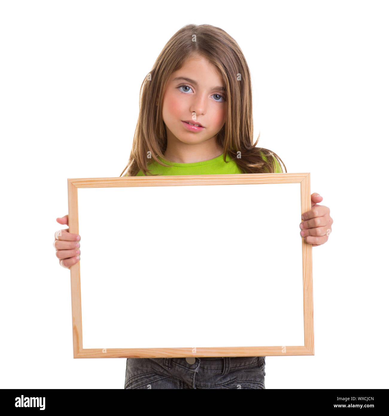 child girl with white frame copy space white blackboard blue eyes to ...