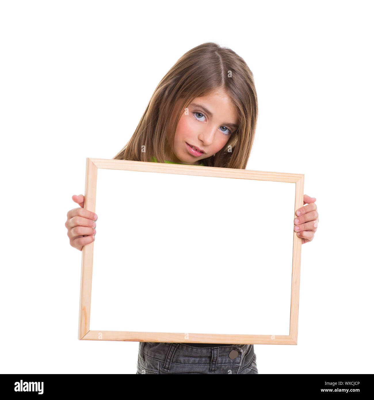 child girl with white frame copy space white blackboard blue eyes to ...