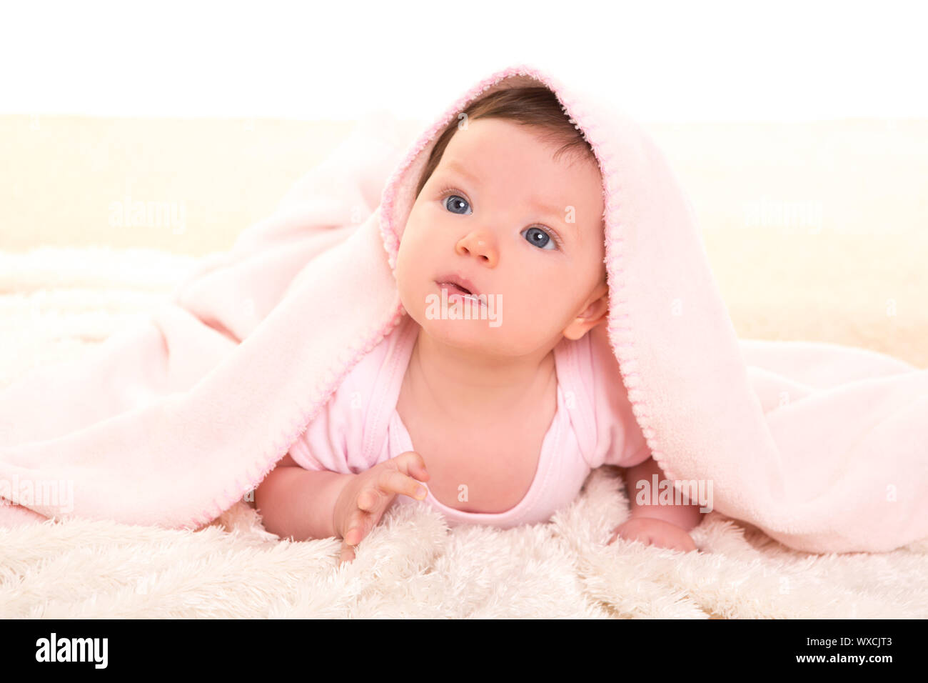 baby girl under hidden pink blanket on winter white fur background ... baby girl under hidden pink blanket on winter white fur background ...