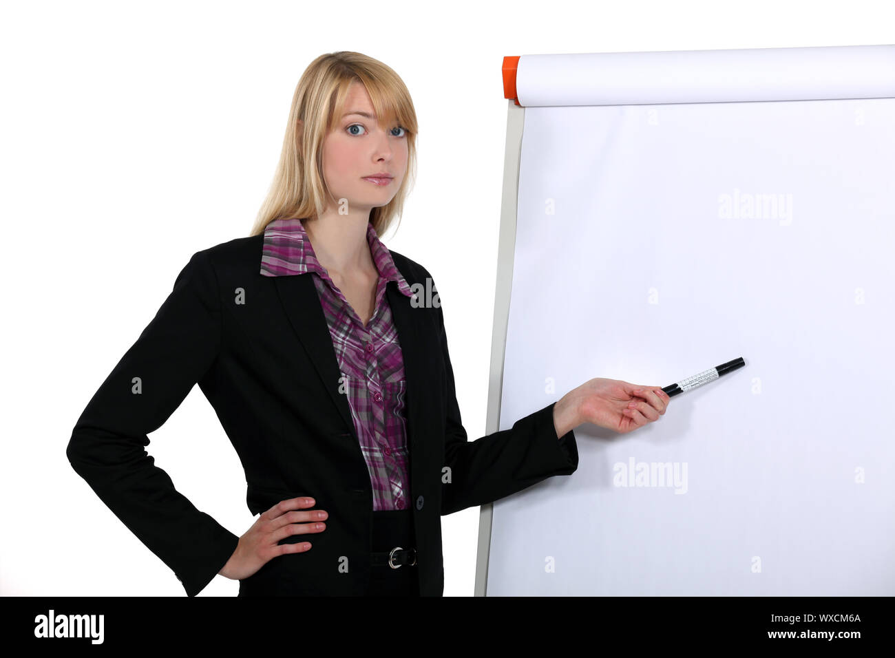 Businesswoman pointing to her flip chart Stock Photo - Alamy