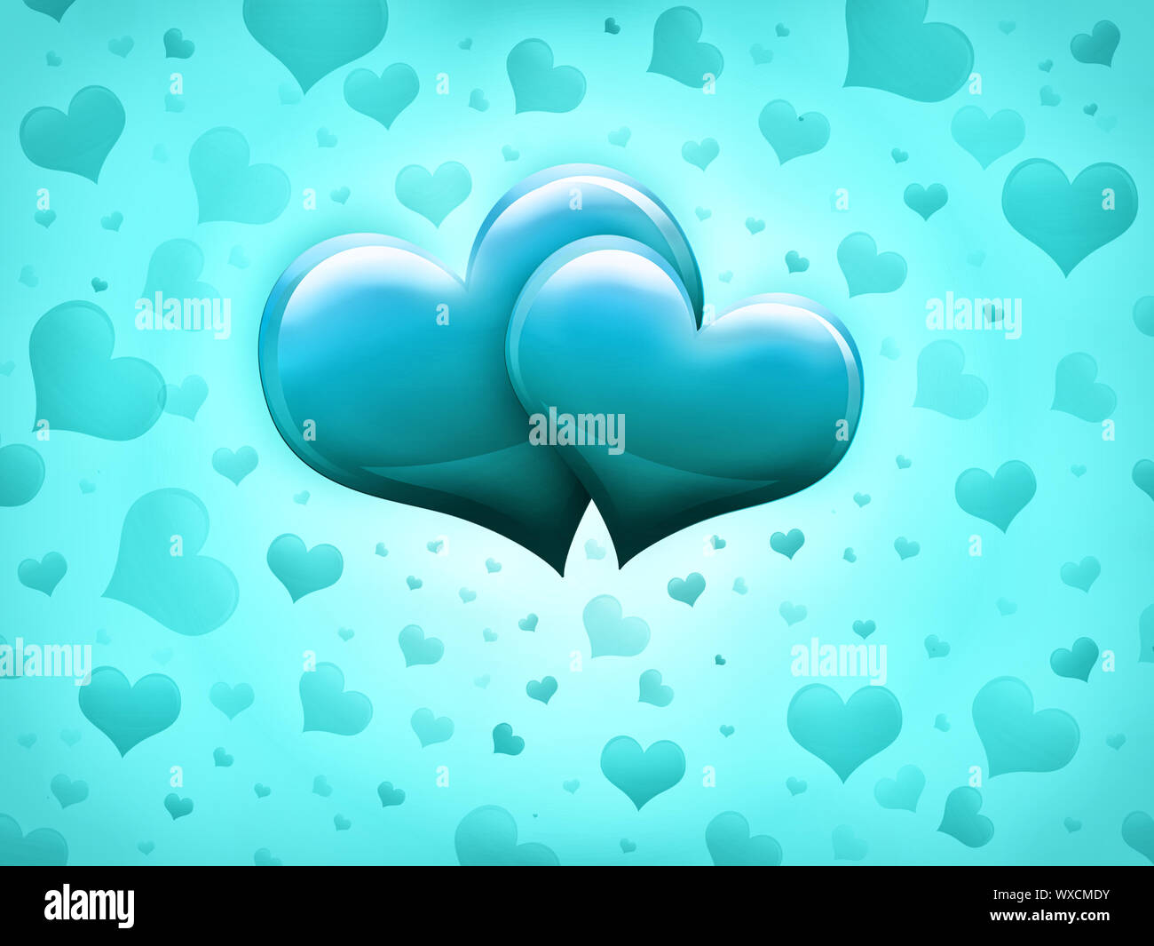Valentines Day Card with two big turquoise hearts and many smaller ...
