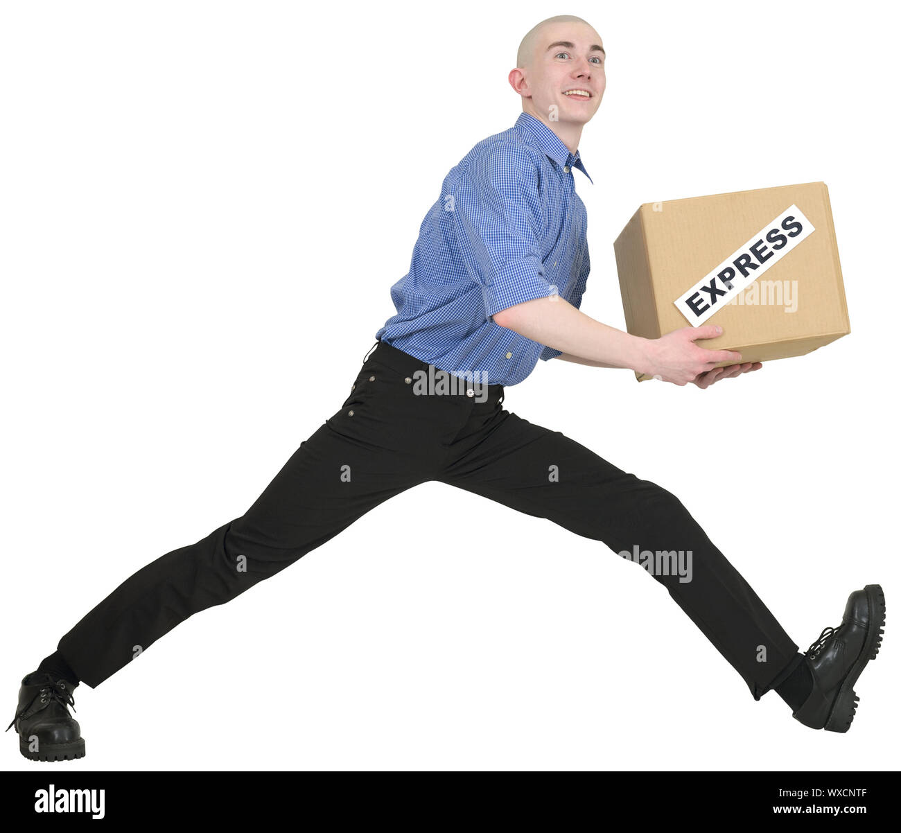 Man hold carton box with inscription "express Stock Photo - Alamy