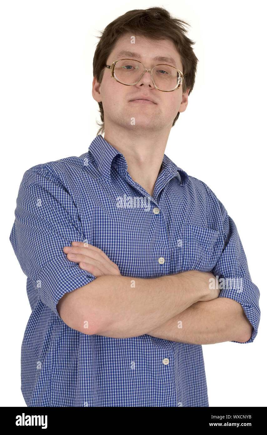 Portrait haughty man in spectacles on white background Stock Photo - Alamy