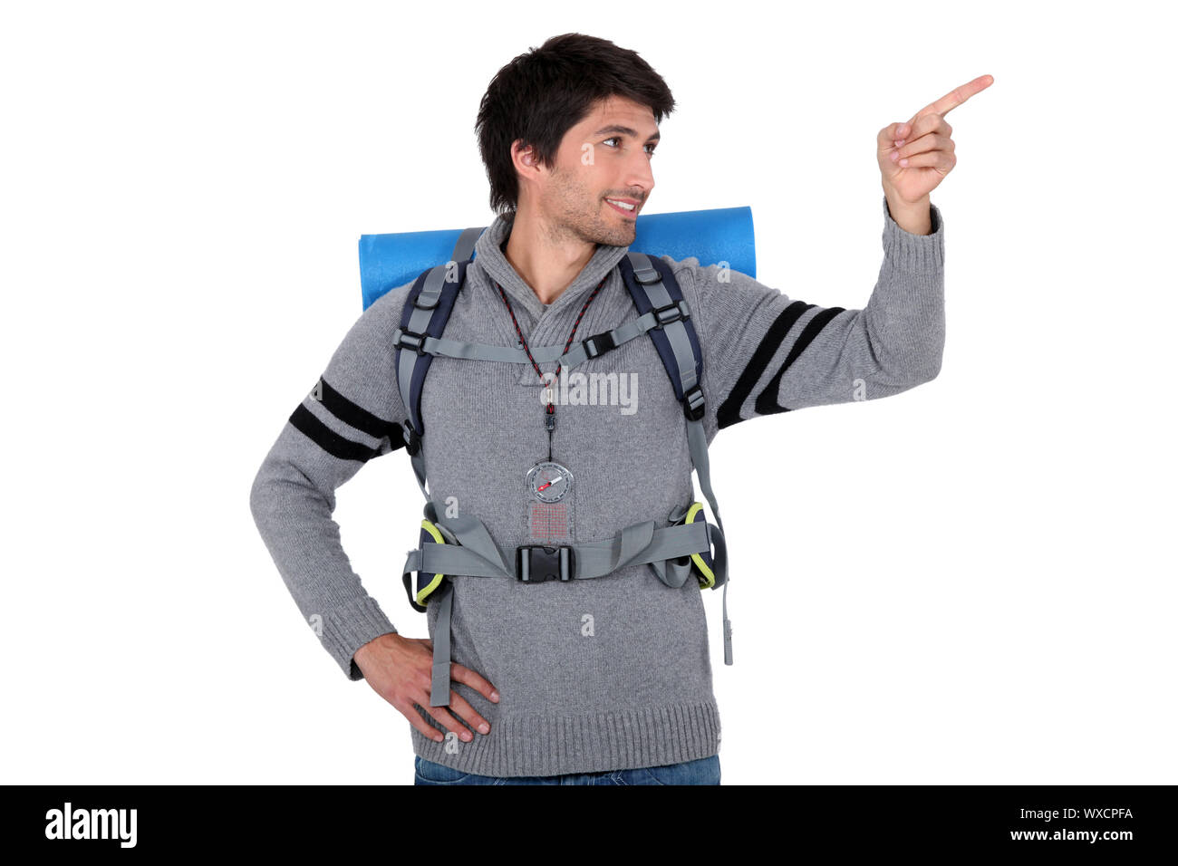 Explorer pointing his finger Stock Photo - Alamy