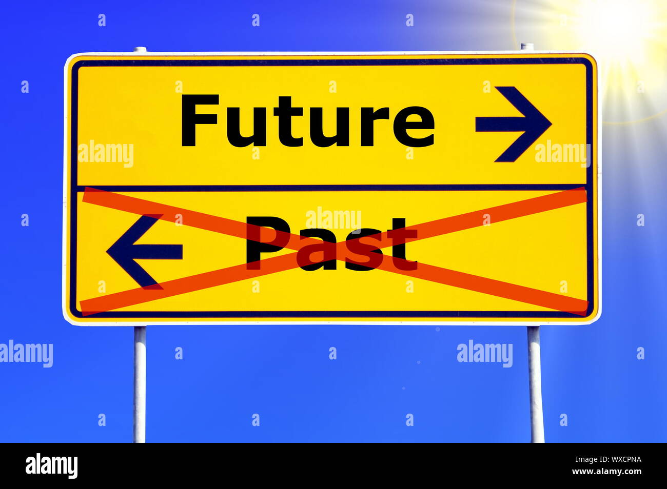 future and past concept with yellow road sign Stock Photo - Alamy