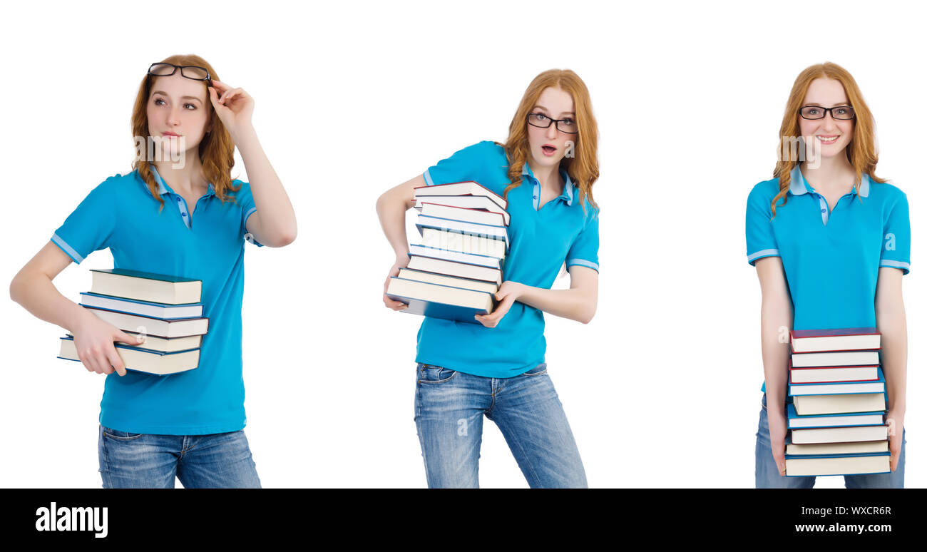 Female student with many books isolated on white Stock Photo - Alamy
