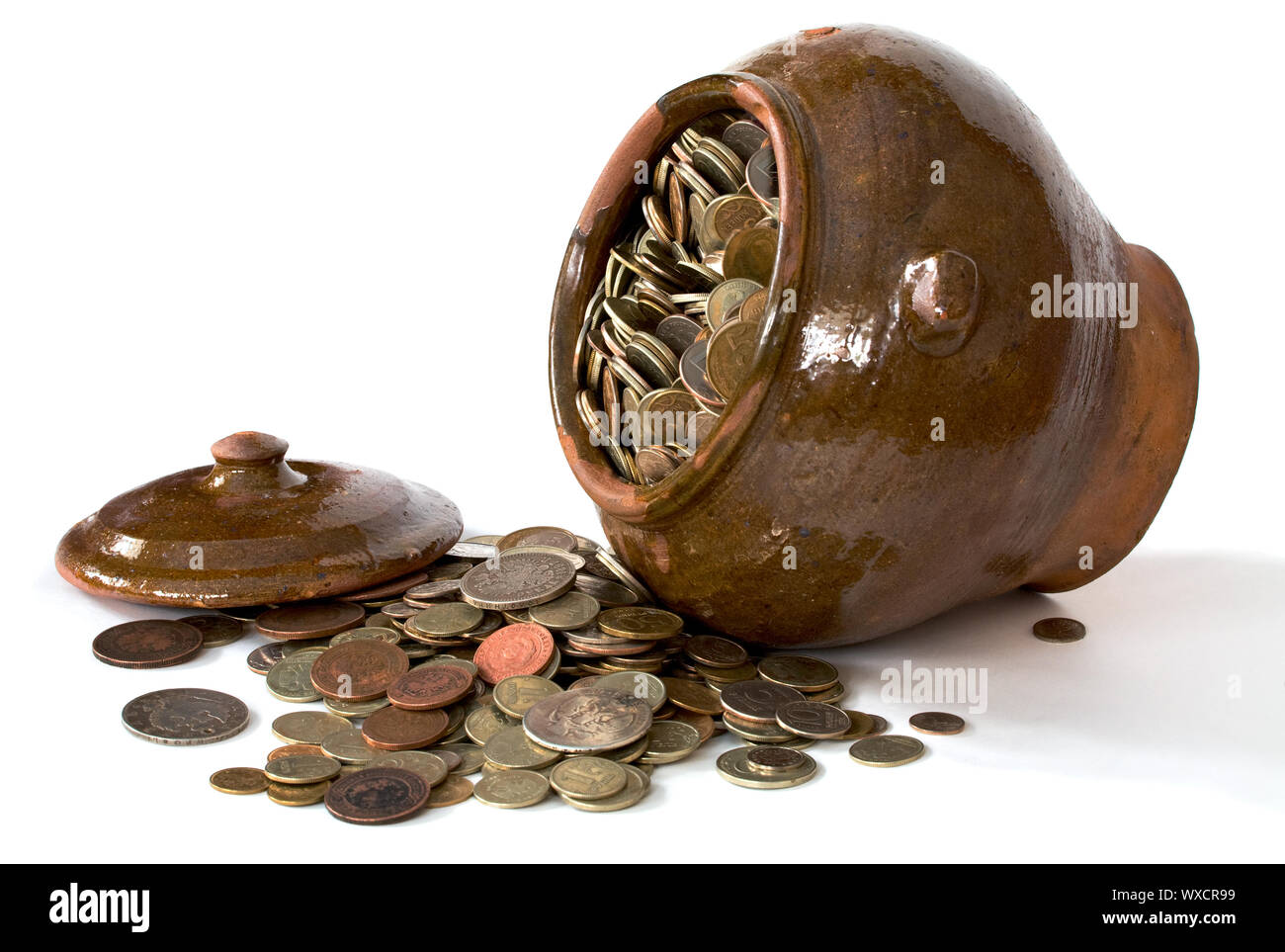Clay pot with antique coins and lid on the white background Stock Photo ...