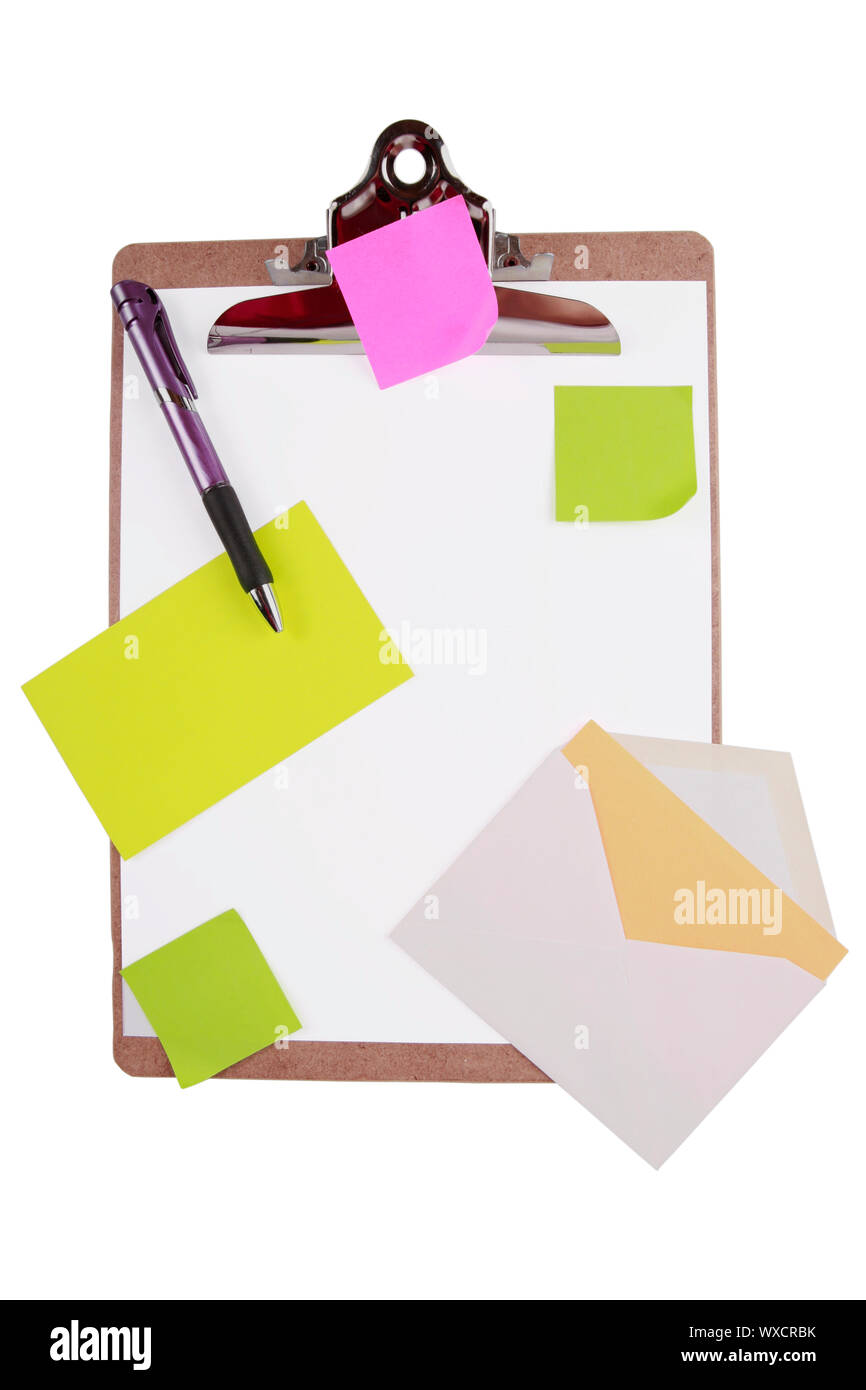Clipboard with sticky notes and cards isolated on white. Office ...