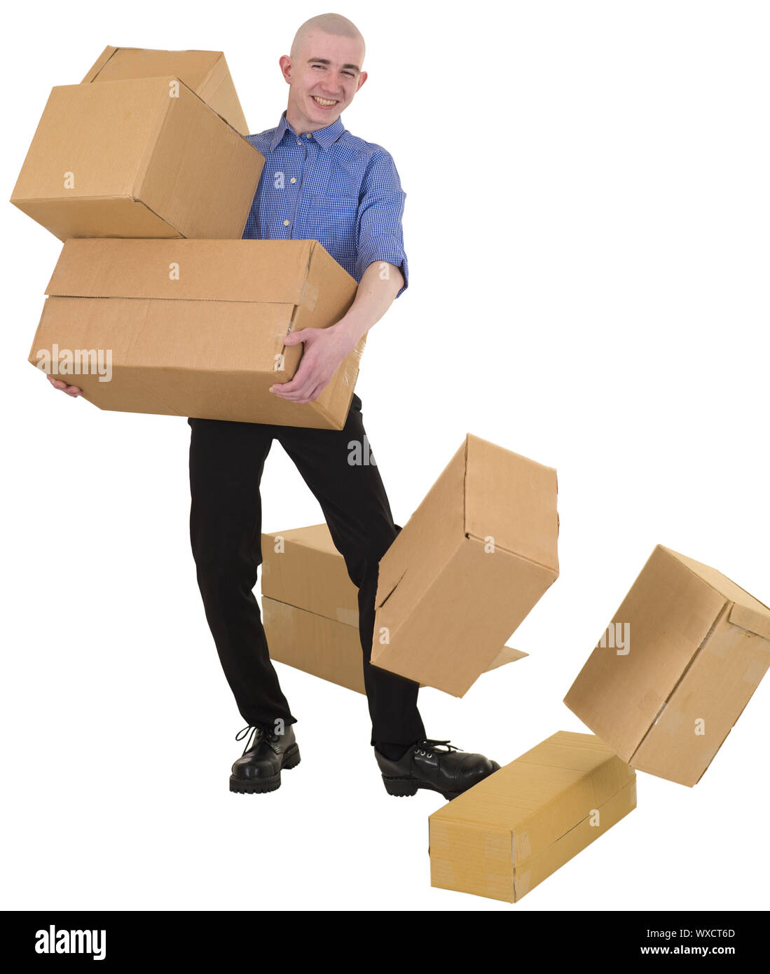 Man drops cardboard boxes on the white background Stock Photo - Alamy