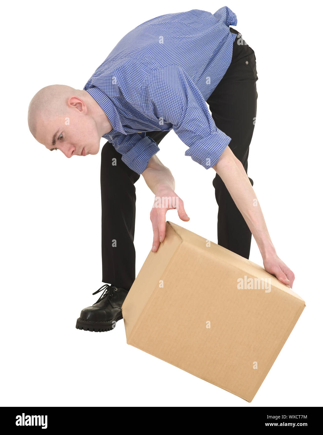 Man looking under cardboard box on white Stock Photo - Alamy