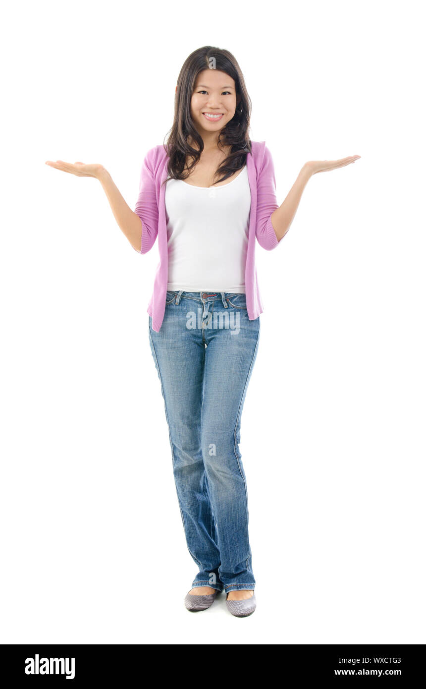 Southeast Asian Chinese woman showing something on the palms of her ...