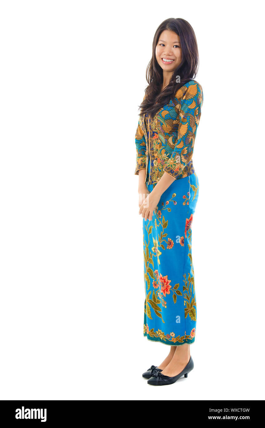 Fullbody Southeast Asian Woman In Traditional Batik Kebaya Clothing