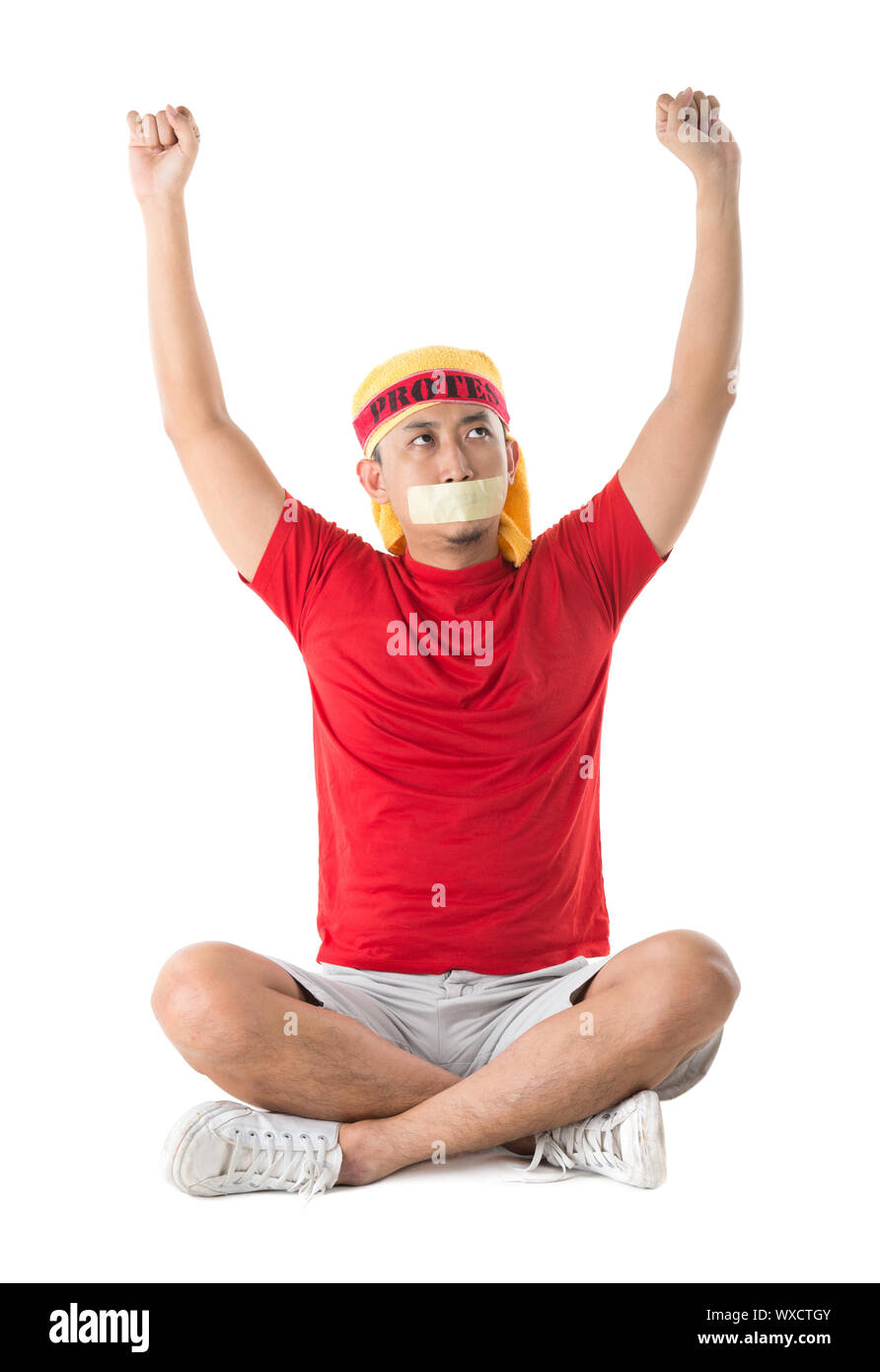 People protest concept. Southeast Asian protestor mouth covered hand ...