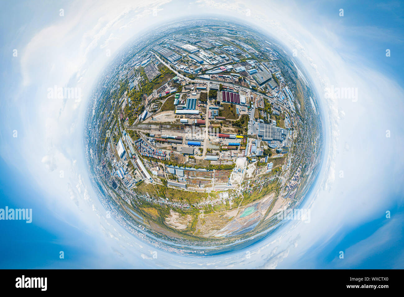 Panoramic city 360 shot from above. Top view of the industrial zone ...