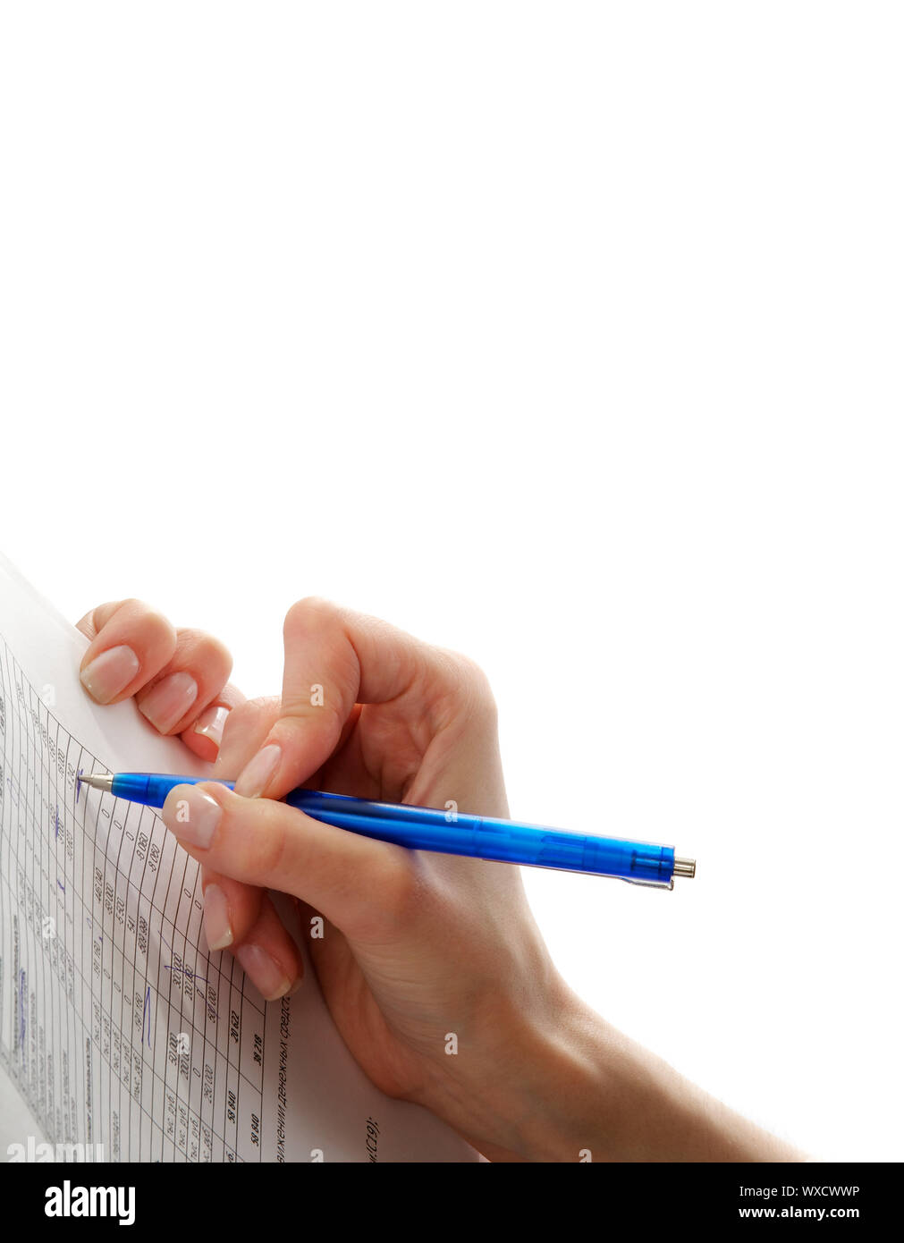 Female Writing Notes in Report closeup on white background Stock Photo ...