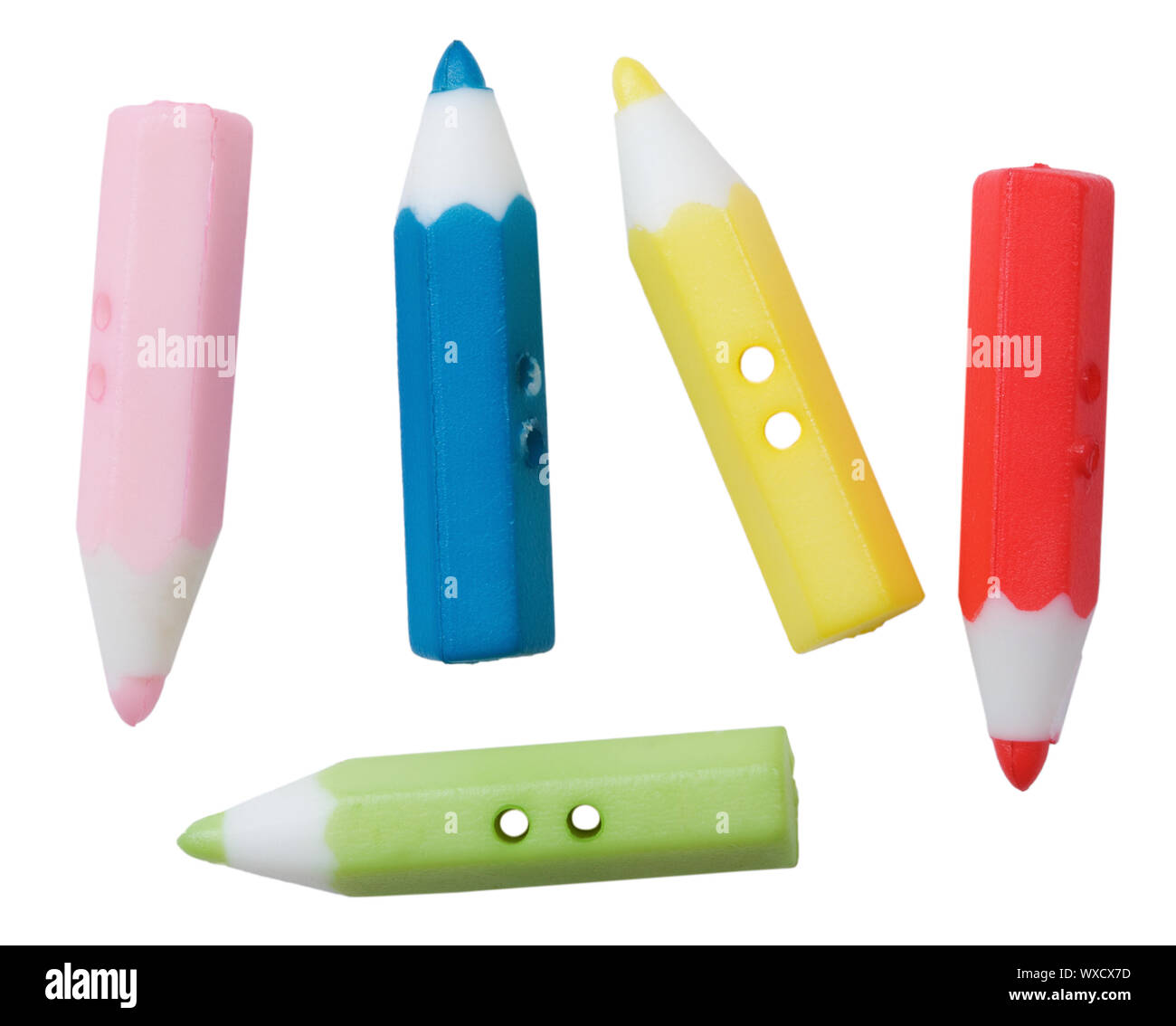 Multicolored plastic crayons button on white background Stock Photo - Alamy