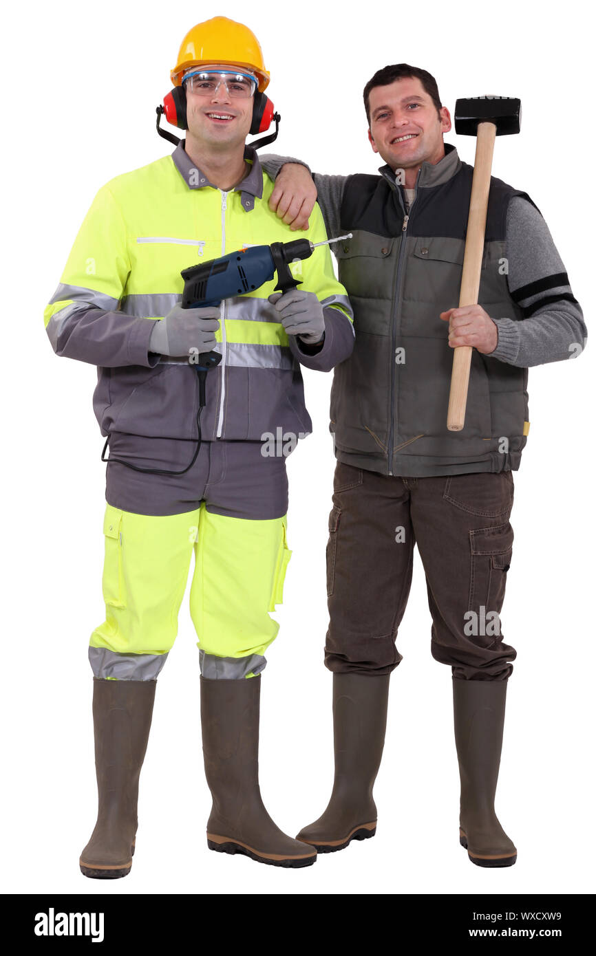 Building workers isolated on white background Stock Photo - Alamy