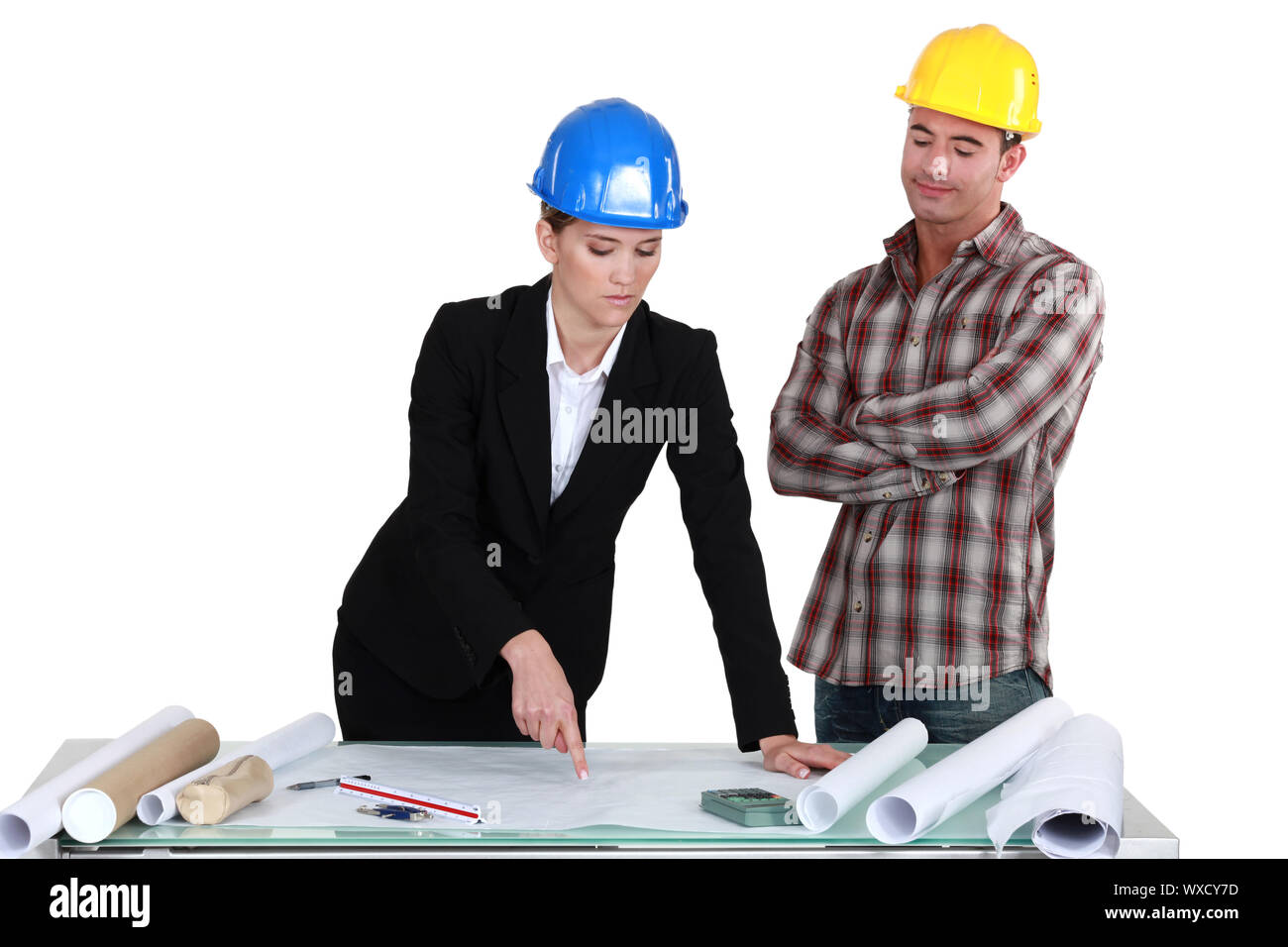Architect and builder discussing plans Stock Photo - Alamy