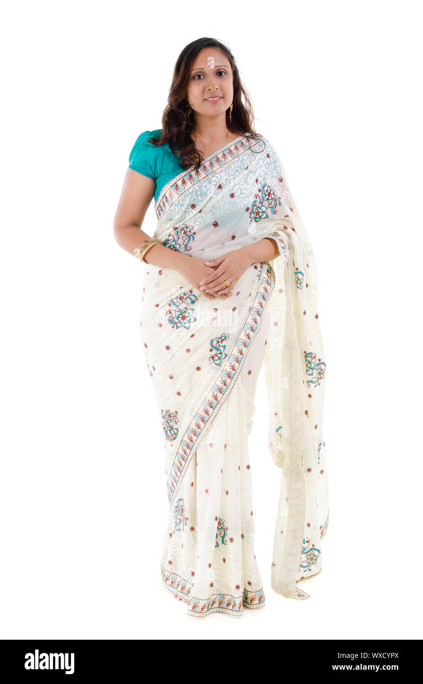 Full body traditional Indian woman in sari costume standing isolated on ...