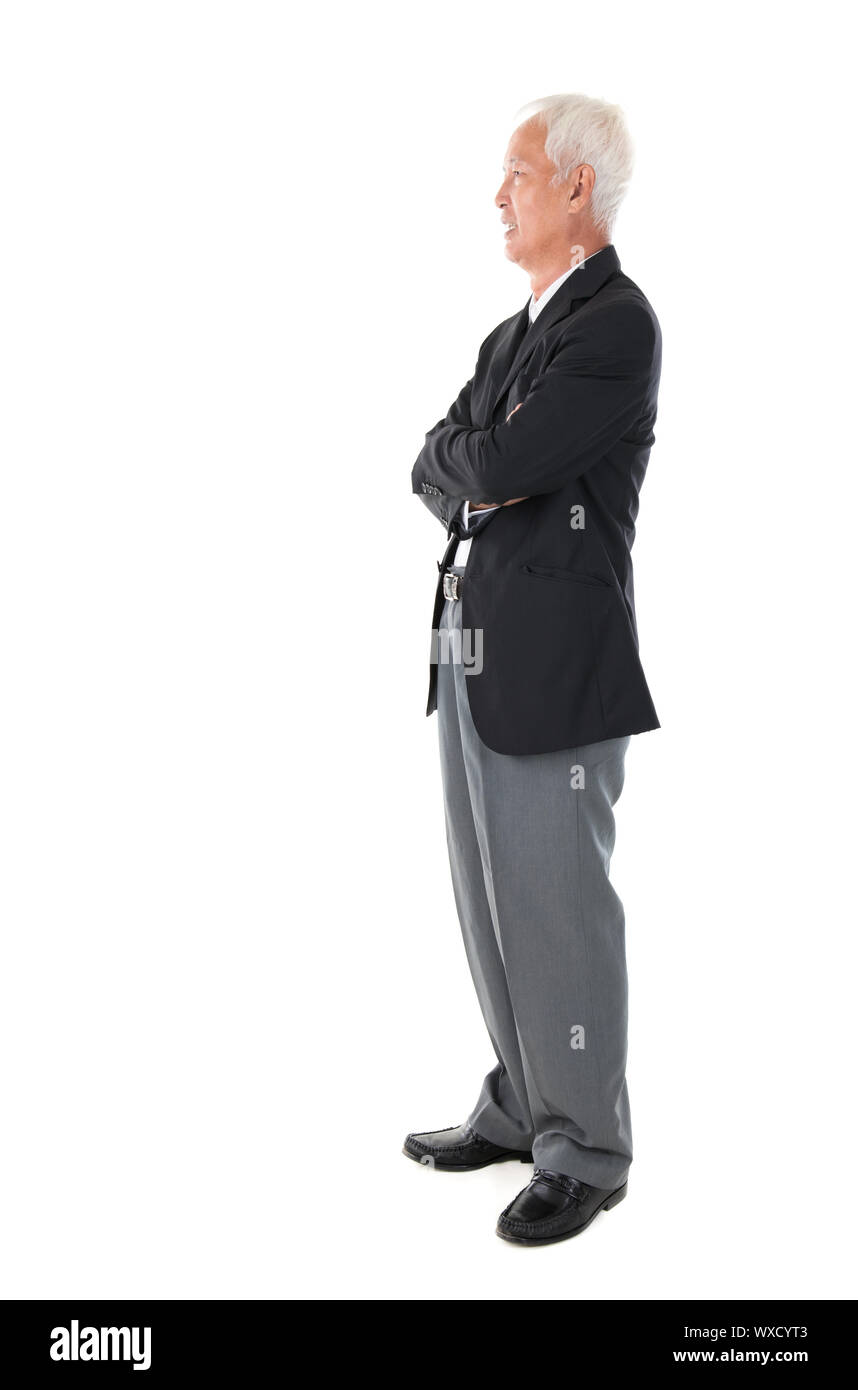 Side view full body Asian senior businessman standing isolated white ...