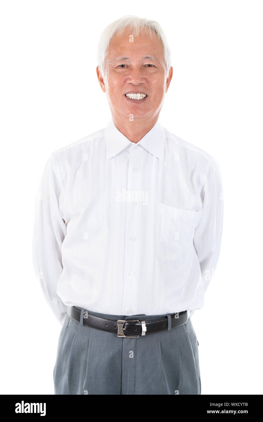 Confident Asian Chinese senior businessman standing isolated white ...
