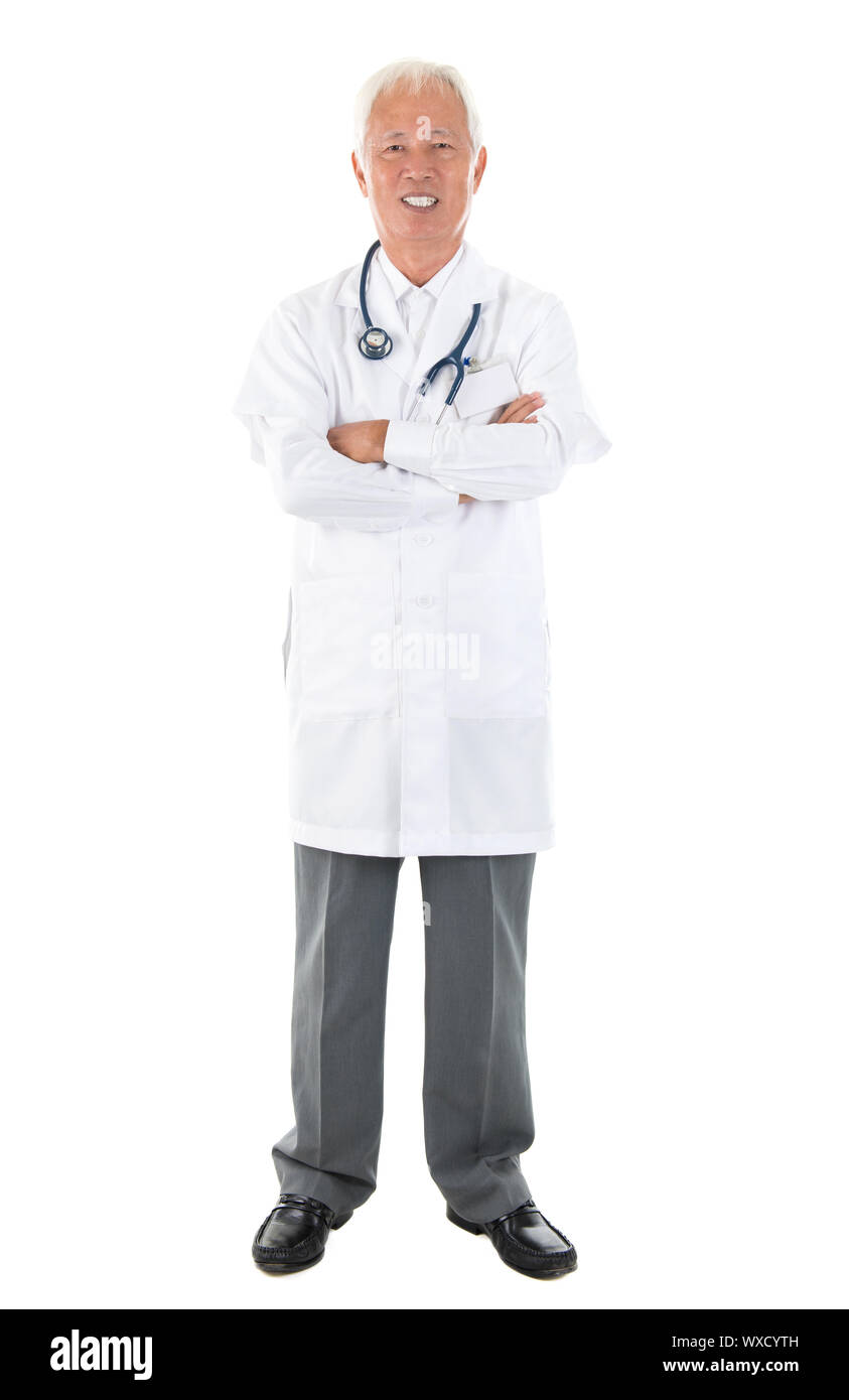 Full body Asian senior doctor standing on white background Stock Photo ...