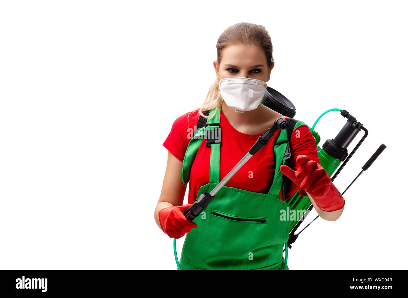 Female pest control contractor isolated on white Stock Photo - Alamy
