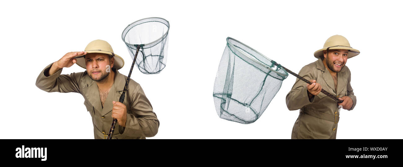 Man hunting for butterflies isolated on white Stock Photo - Alamy