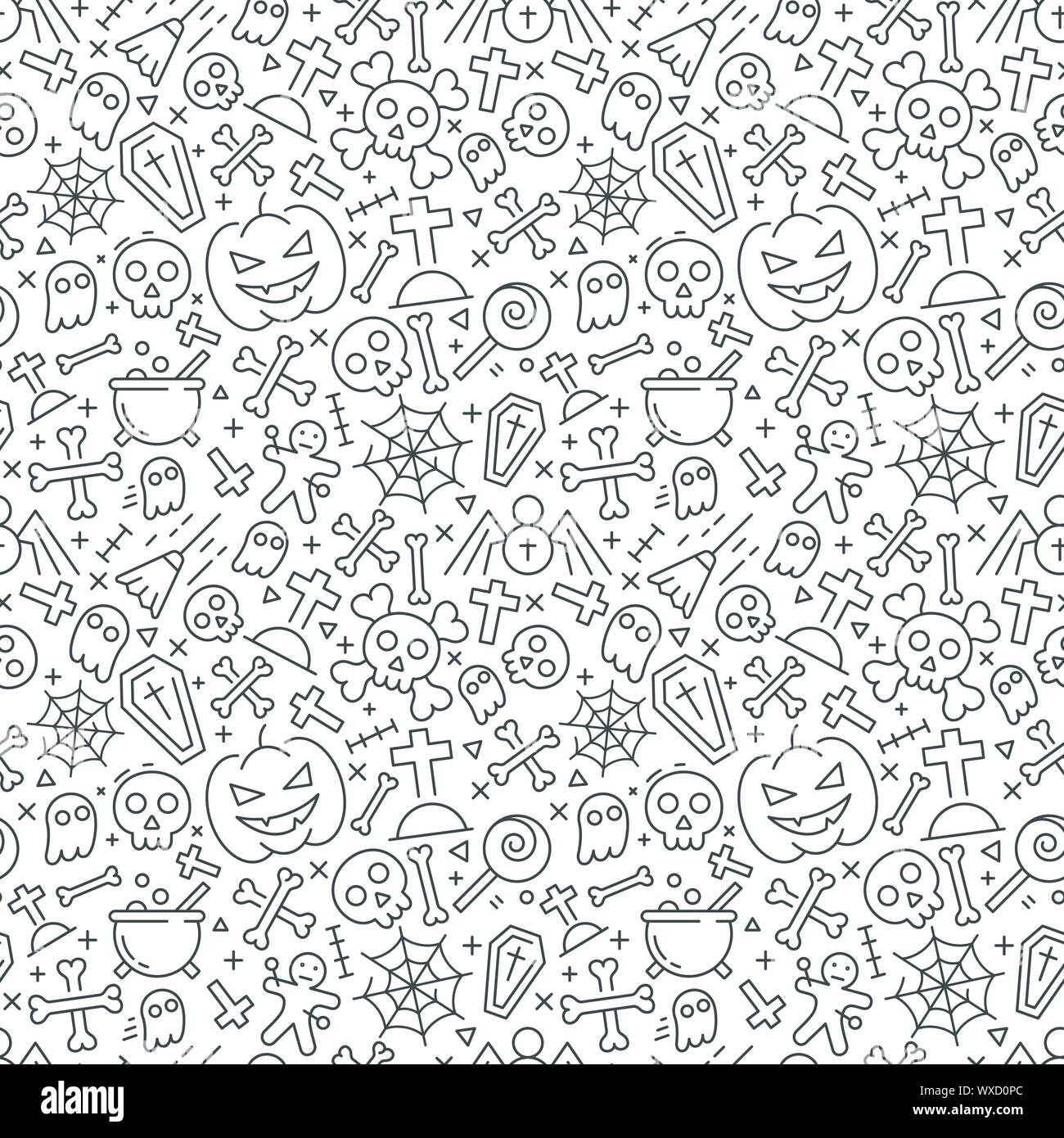 Vector Halloween seamless pattern. Black icons of skull, spider, web ...